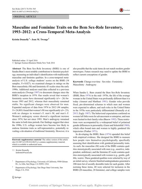 masculine and feminine traits on the bem sex role inventory 1993 2012 a cross temporal meta