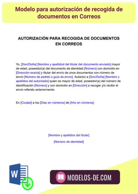 Autorización para recogida de documentos en Correos en Word