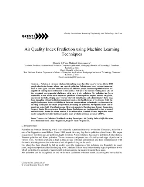 pdf air quality index prediction using machine learning techniques grenze international