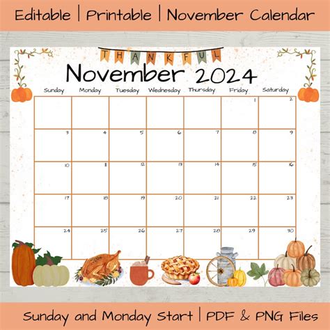 Editable November Calendar Printable Calendar Thanksgiving
