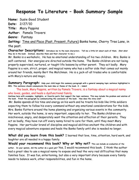 Response To Literature Book Summary Sample