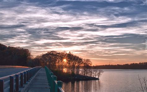Most Jezioro Zachód Słońca Drzewa