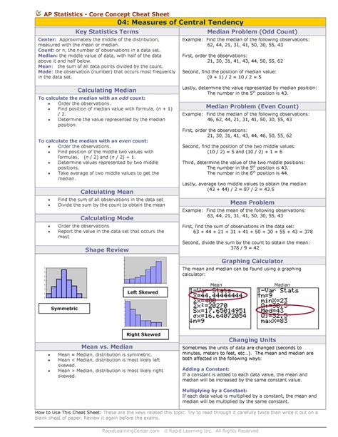 Measures Of Central Tendency Reference Sheet Rapidlearningcenter