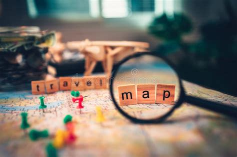 Magnifying Glass With Wood Square With Word Map On The Map Pushpin