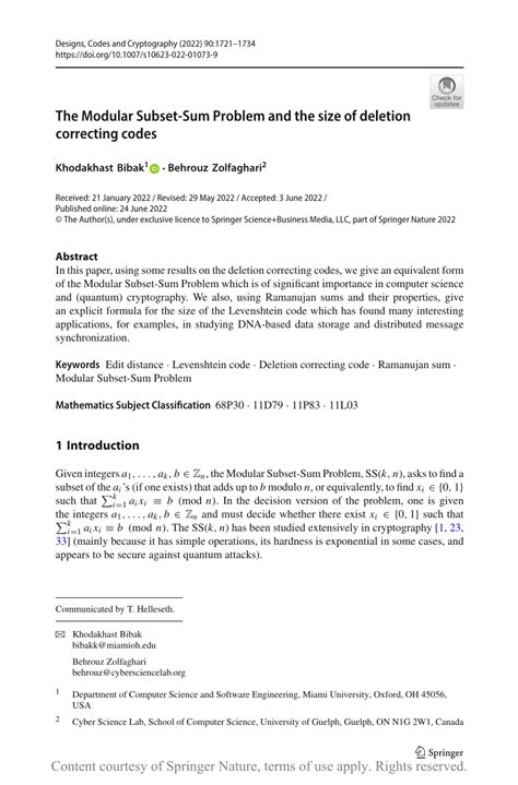 the modular subset sum problem and the size of deletion correcting codes request pdf