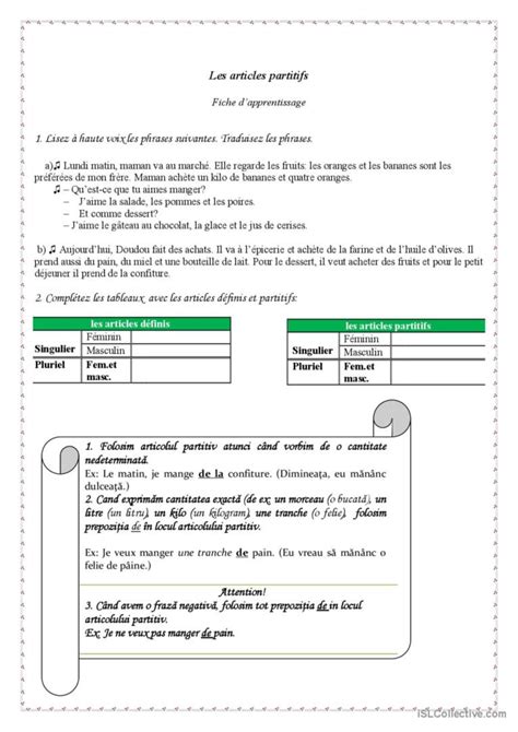 Les articles partitifs compréhension Français FLE fiches pedagogiques
