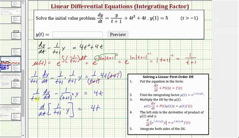 ex solve a ivp given linear first order de using an integrating factor youtube