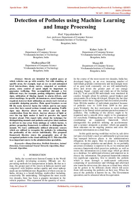 pdf ijert detection of potholes using machine learning and image processing ijert journal
