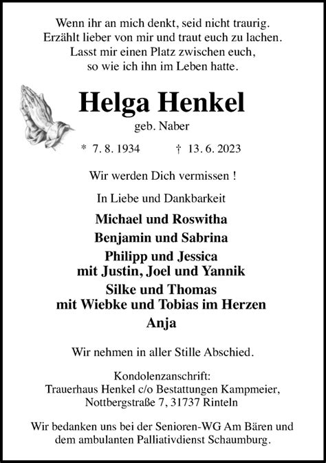 Traueranzeigen Von Helga Henkel Trauer Anzeigen De