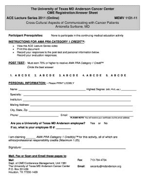 Fillable Online Mdanderson CME Registration Evaluation And Post Test