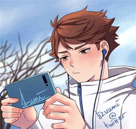 An Anime Character Holding A Cell Phone With Ear Buds In His Ears And