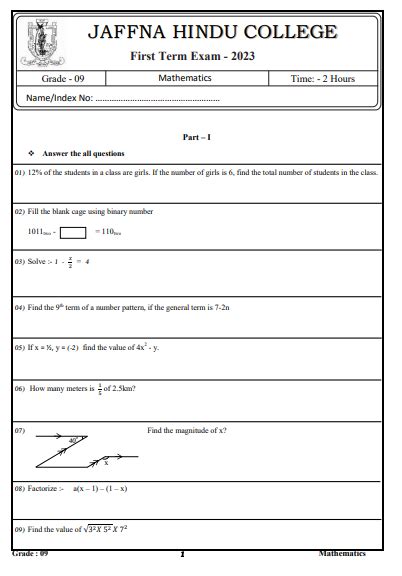 2023 Grade 09 Maths 1st Term Test Paper English Medium