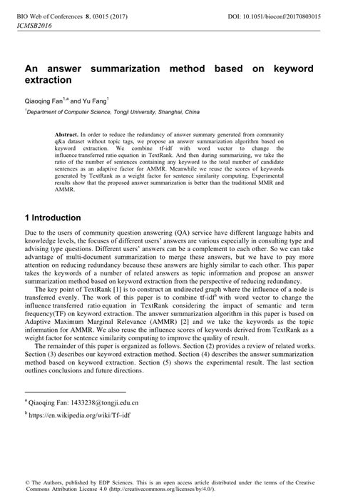 pdf an answer summarization method based on keyword extraction