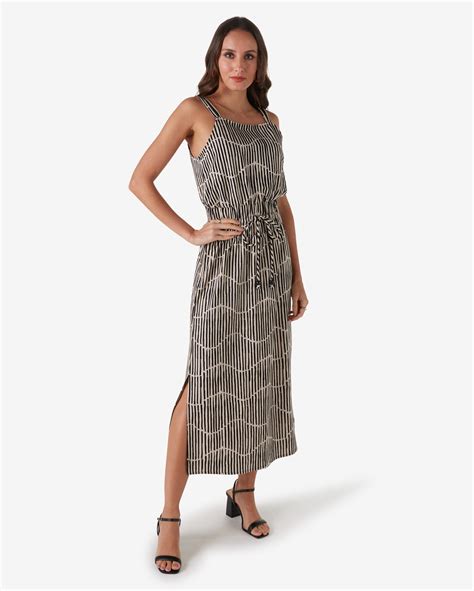 Riachuelo Vestido Midi Feminino Reto Alça Dupla Listrado Bege AK by