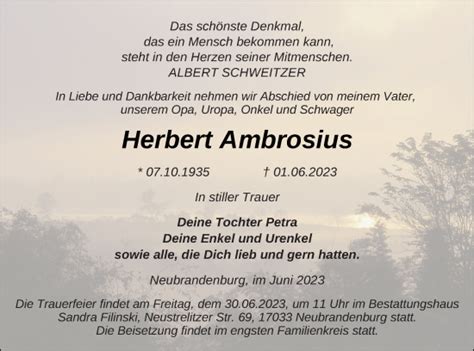 Traueranzeigen Von Herbert Ambrosius Trauer Nordkurier