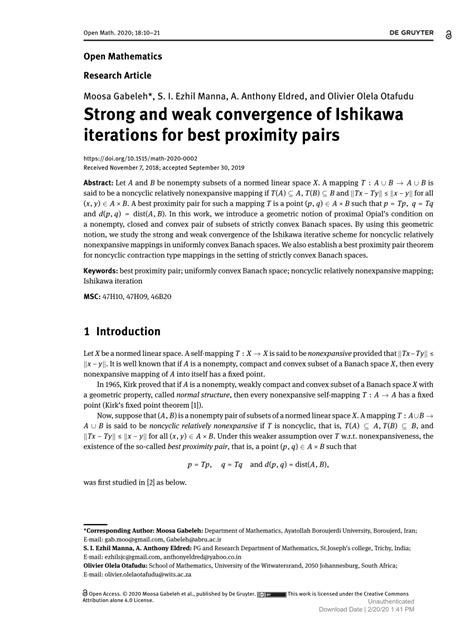 pdf strong and weak convergence of ishikawa iterations for best proximity pairs