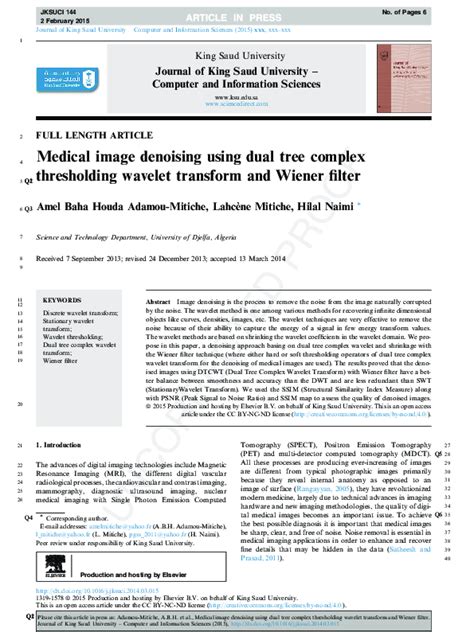 pdf medical image denoising using dual tree complex thresholding wavelet transform amel baha