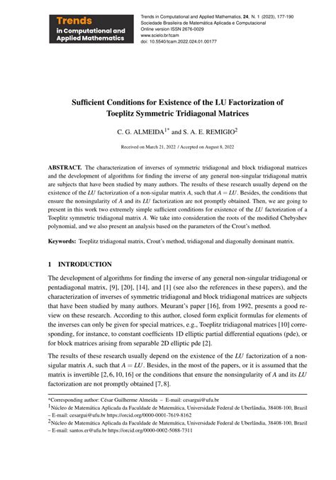 pdf sufficient conditions for existence of the lu factorization of toeplitz symmetric