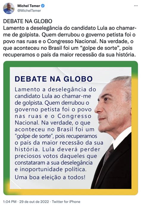 Impeachment De Dilma Foi Golpe De Sorte Diz Temer