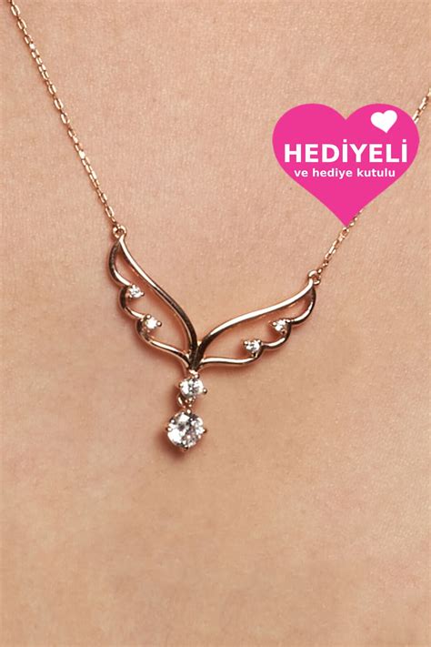Jewelmim Melek Kanadı Kolye Rose Altın Kaplama 925 Ayar Kadın Gümüş