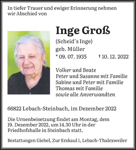 Traueranzeigen von Inge Groß Saarbruecker Zeitung Trauer de