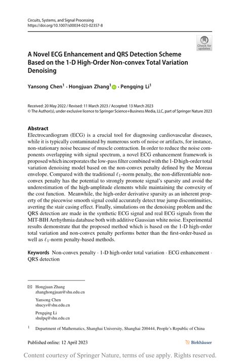 a novel ecg enhancement and qrs detection scheme based on the 1 d high order non convex total