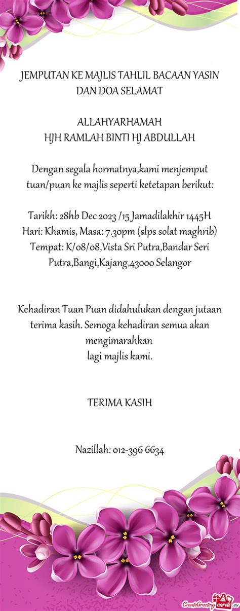 JEMPUTAN KE MAJLIS TAHLIL BACAAN YASIN DAN DOA SELAMAT Free Cards