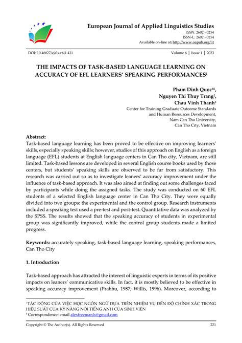 pdf the impacts of task based language learning on accuracy of efl learners speaking performances