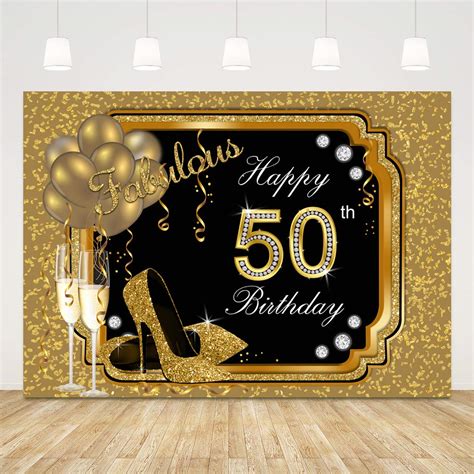 Happy 50th Birthday Backdrop For Women Black And Gold Birthday Photo