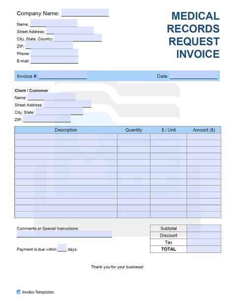 Medical Records Request Invoice Template