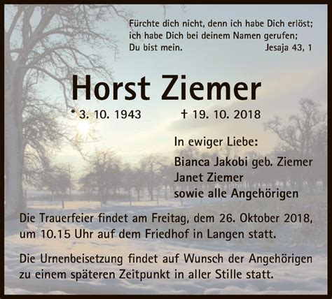 Traueranzeigen Von Horst Ziemer Trauer Op Online De
