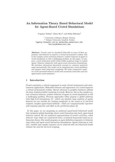 pdf an information theory based behavioral model for agent based crowd simulations
