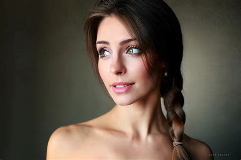 Wallpaper Sean Archer Bare Shoulders Portrait Looking Away Green Eyes Brunette Braids