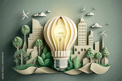 Paper Cut Of Light Bulb With Green Eco City Renewable Energy By 2050