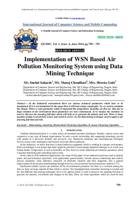 pdf implementation of wsn based air pollution monitoring system using data mining technique