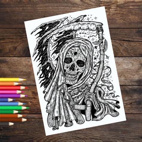 Grim Reaper Coloring Page Printable Skull Coloring Sheet Etsy