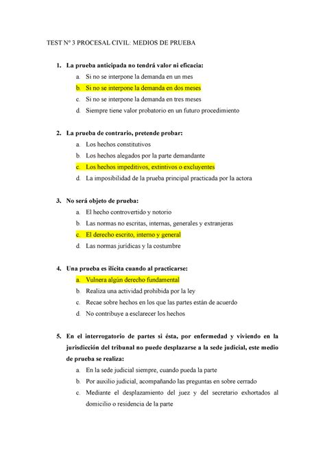 TEST 2018 preguntas y respuestas TEST Nº 3 PROCESAL CIVIL MEDIOS DE