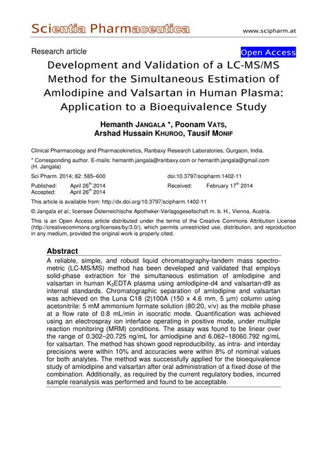 pdf development and validation of lc ms ms method for simultaneous estimation of amlodipine