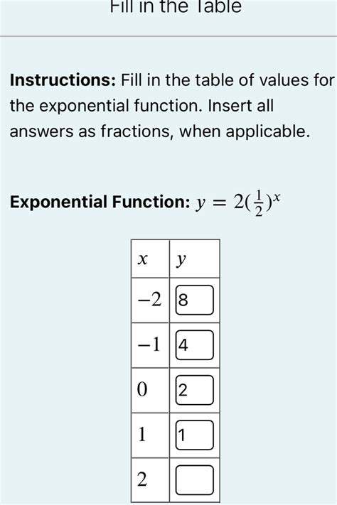 solved fill in the table instructions fill in the table of values for the exponential function