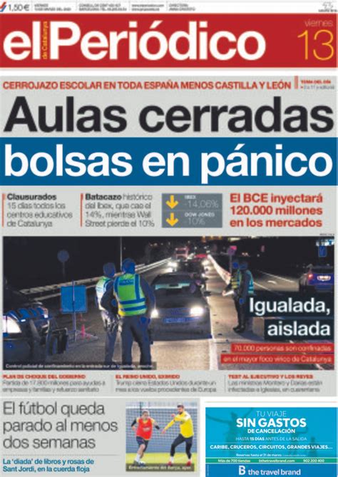 La portada de EL PERIÓDICO del 13 de marzo del 2020