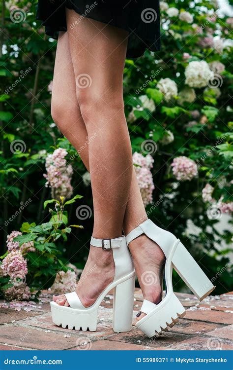 Gambe Lunghe Sexy Della Donna Che Indossano I Tacchi Alti Bianchi