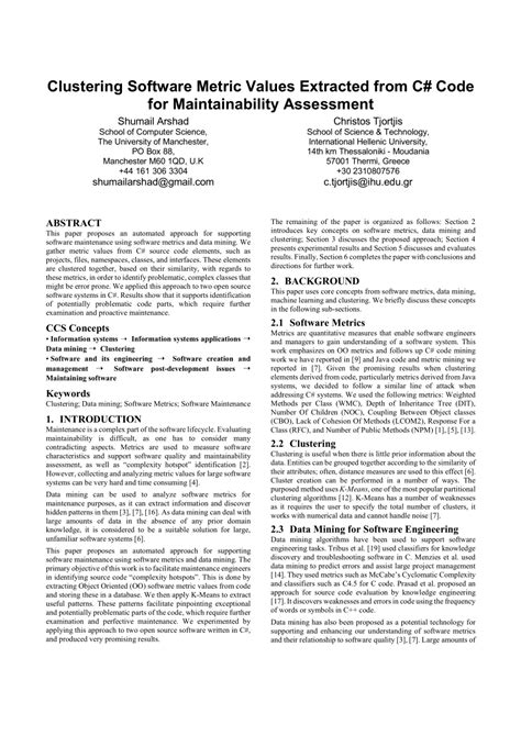 pdf clustering software metric values extracted from c code for maintainability assessment