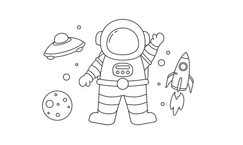 lindo astronauta en el espacio para colorear libro ilustración vector