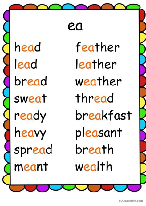Ea Short E Sound Wordlist General R English Esl Worksheets Pdf Doc