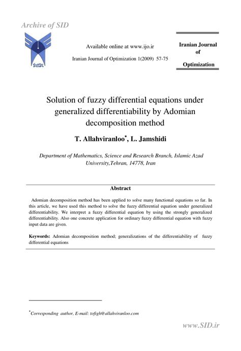 pdf solution of fuzzy differential equations under generalized differentiability by adomian