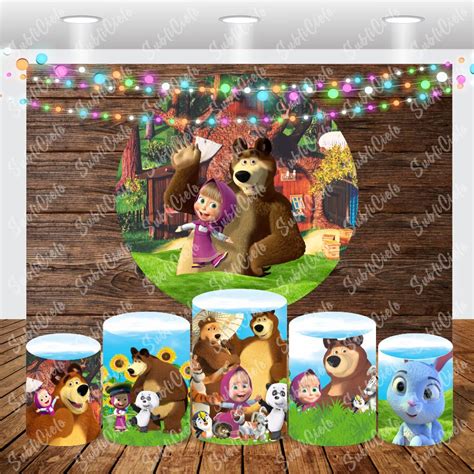 Kit Panel Redondo 5 Forros De Cilindros Masha Y El Oso Para Niño