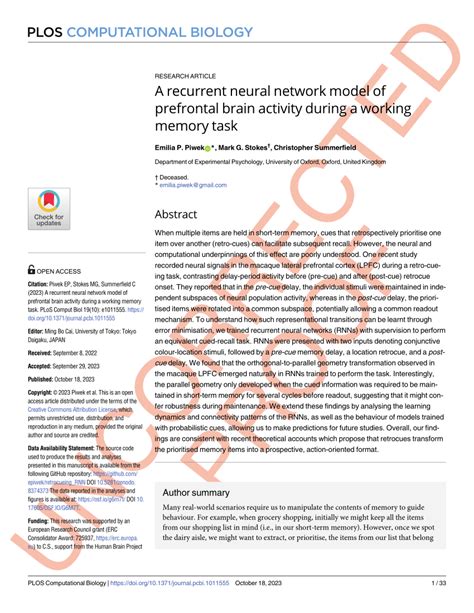 pdf a recurrent neural network model of prefrontal brain activity during a working memory task