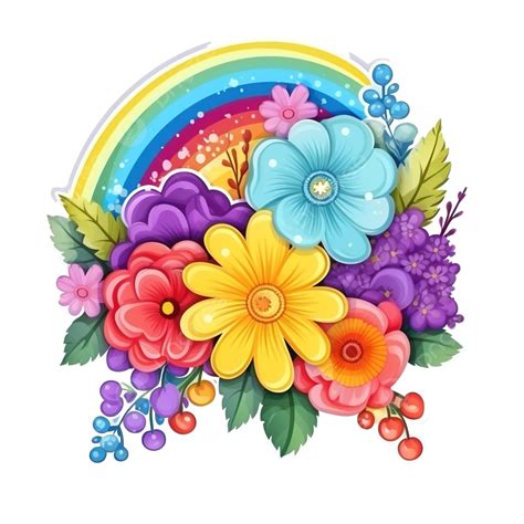 Pegatina Lindo Arcoiris Con Flores PNG dibujos Pegatina Arcoíris