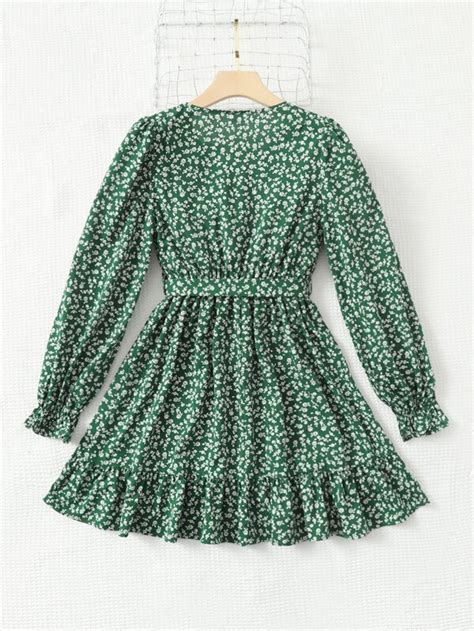 SHEIN Teen Mädchen Kleid mit Gürtel Blümchen Muster Rüschen
