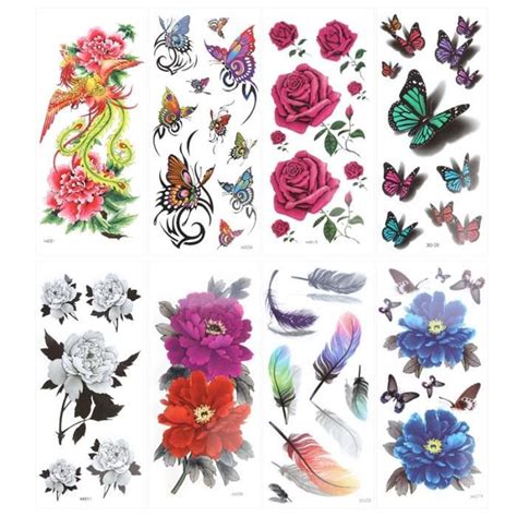 8 Feuilles Tatouage Temporaire Rose Fleur De Pivoine Phoenix 3D Feather